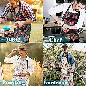 2 Pack Aprons for Women with 3 Pockets, Adjustable Waterproof Kitchen Bib Apron with 2 Towels for Chef Servers Grilling Cooking Baking, Plus Size Rose Flowers Aprons for BBQ Painting Gardening