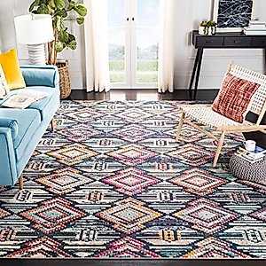 SAFAVIEH Madison Collection 10' x 14' Black / Orange MAD455Z Moroccan Boho Diamond Distressed Non-Shedding Living Room Bedroom Dining Home Office Area Rug