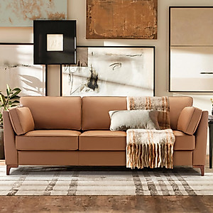 COLAMY 93" Mid-Century Modern Faux Leather Sofa，Oversized 3-Seater Couch with Comfy Cushions and Wood Legs for Living Room, Bedroom, Office, Apartment, Brown