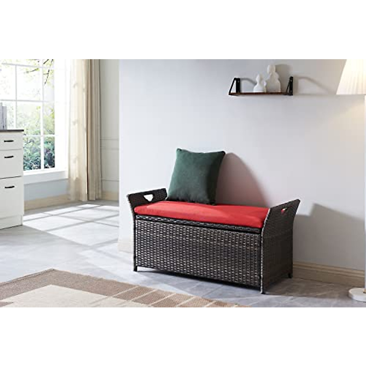 TMEE Patio Storage Bench,Outdoor Wicker Deck Box,PE Rattan Patio Furniture with All-Weather Cushion