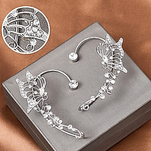 2 Pcs Butterfly Ear Cuff Earrings for Women Non Piercing Rhinestone Goth Fairy Elf Ear Cuff Butterfly Ear Wrap Earrings for Bridal Wedding Prom For Teen(Silver)