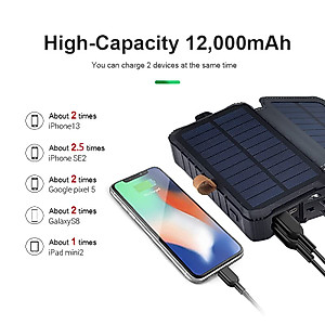B BZ Solutions Solar Power Bank with Manual Hand Crank Power Generator12000mAh for iPhone, Tablet, Samsung Dual USB Output Emergency LED Light Outdoor Camping Survival Gear