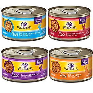 Wellness Natural Premium Canned Cat Wet Food Pate - 12 Pack Cans Variety Bundle Pack 4 Flavor - (Chicken,Beef, Salmon & Turkey) W/ HS Pet Food Bowl - (3 Ounce)