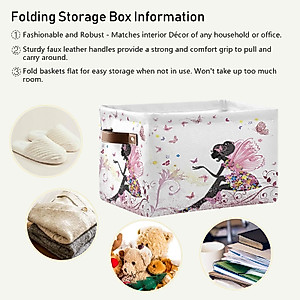 ALAZA Decorative Basket Rectangular Storage Bin, Flower Fairy in The Environment of Butterflies Organizer Basket with Leather Handles for Home Office
