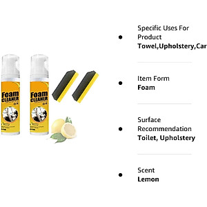 KUTDEP Dry Cleaning Ahent Multipurpose Foam Cleaner Spray,Lemon Flavor Multi-Purpose Foam Cleaner, Foam Cleaner for Car, Powerful Decontamination Set for Car and Home Kitchen (2pcs*100ML) + 2 Sponges