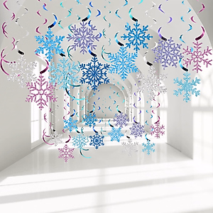 30 Pieces Snowflake Hanging Swirls Decorations, Christmas Ceiling Decor Purple Blue White Snowflakes for Winter Holiday Wonderland New Year Birthday Party Favors Baby Shower Supplies (Colorful)