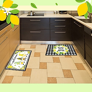 3 Pcs Lemon Themed Kitchen Mat Gnome Rug Boho Non Skid Kitchen Lemon Print Standing Mat Washable Floor Comfort Rubber Runner Rugs for Home Office Sink, 15.8 x 23.6 Inches