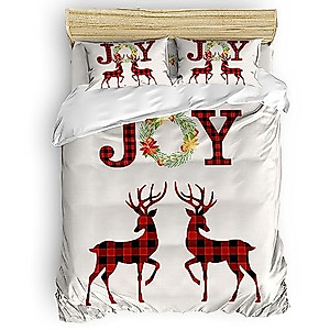 3 Pieces Bedding Set Twin Size, Christmas Elk Soft Durable Duvet Cover Set Comforter Cover Set with Zipper Closure All-Season Breathable Bedding Set Red Black Plaid Joy Wreath Xmas Deer Burlap