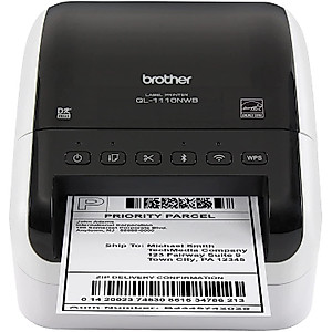 Brother QL-1110NWB Wide Format, Professional Label Printer with USB, Ethernet, and Bluetooth Connectivity, 4" Wide, 300 x 300 dpi, 69 Labels Per Minute Monochrome Postage and Barcode Printer
