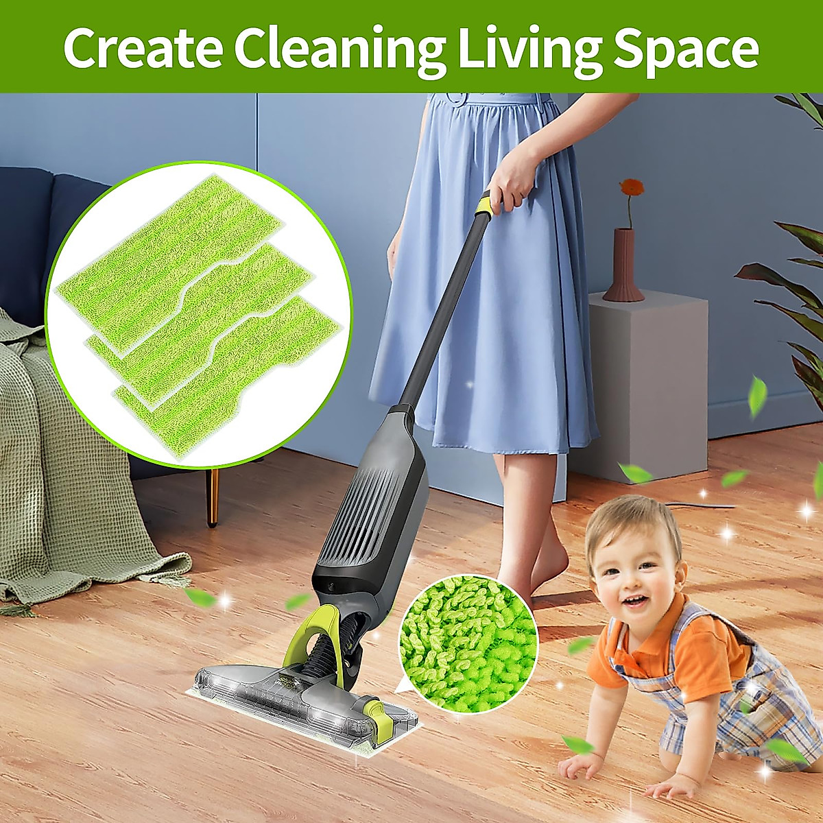 Gudotra 6 Pack Mop Pad Refills Compatible with Shark Vacmop Hardwood Floor Vacuum Mops VM252 VM251 VM200 VM200C VM190 VM252C QM250 VM250 VC205 Reusable Wet and Dry Vacmop Pads Green