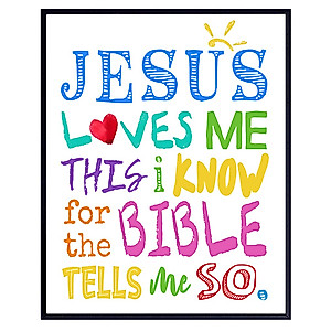 Religious Christian Kids Room Decor for Girls, Boys, Toddler Bedroom - Cute Baby Shower Gift - Jesus Loves Me Bible Verse Wall Art Print - 8x10 Poster Picture