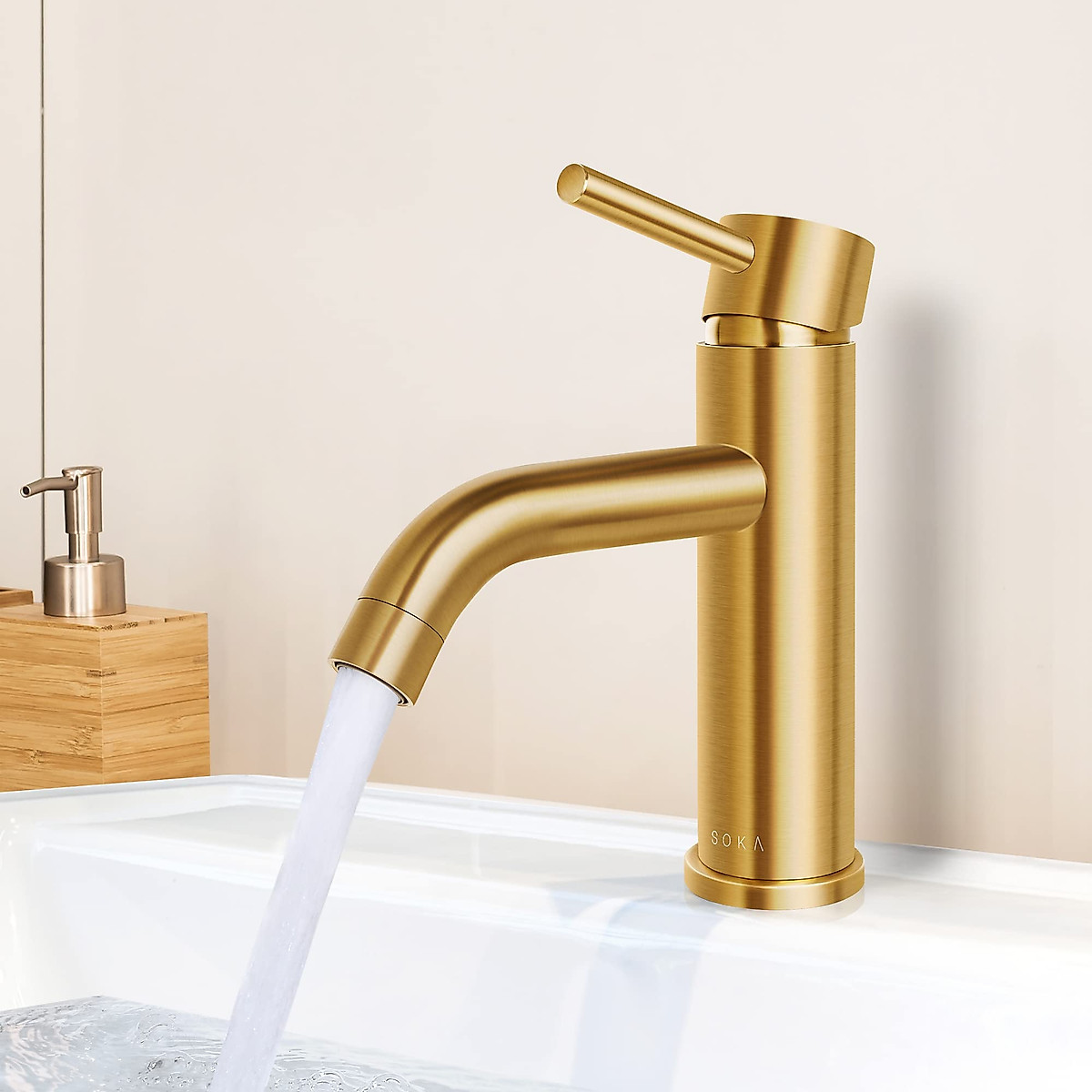 SOKA Bathroom Sink Faucet Single Handle Stainless Steel Lavatory Commercial Bathroom Faucet Bathtub Basin Vanity Faucets with Deck Plate & Pop-Up Drain Assembly Fit for 1 & 3 Hole, Gold