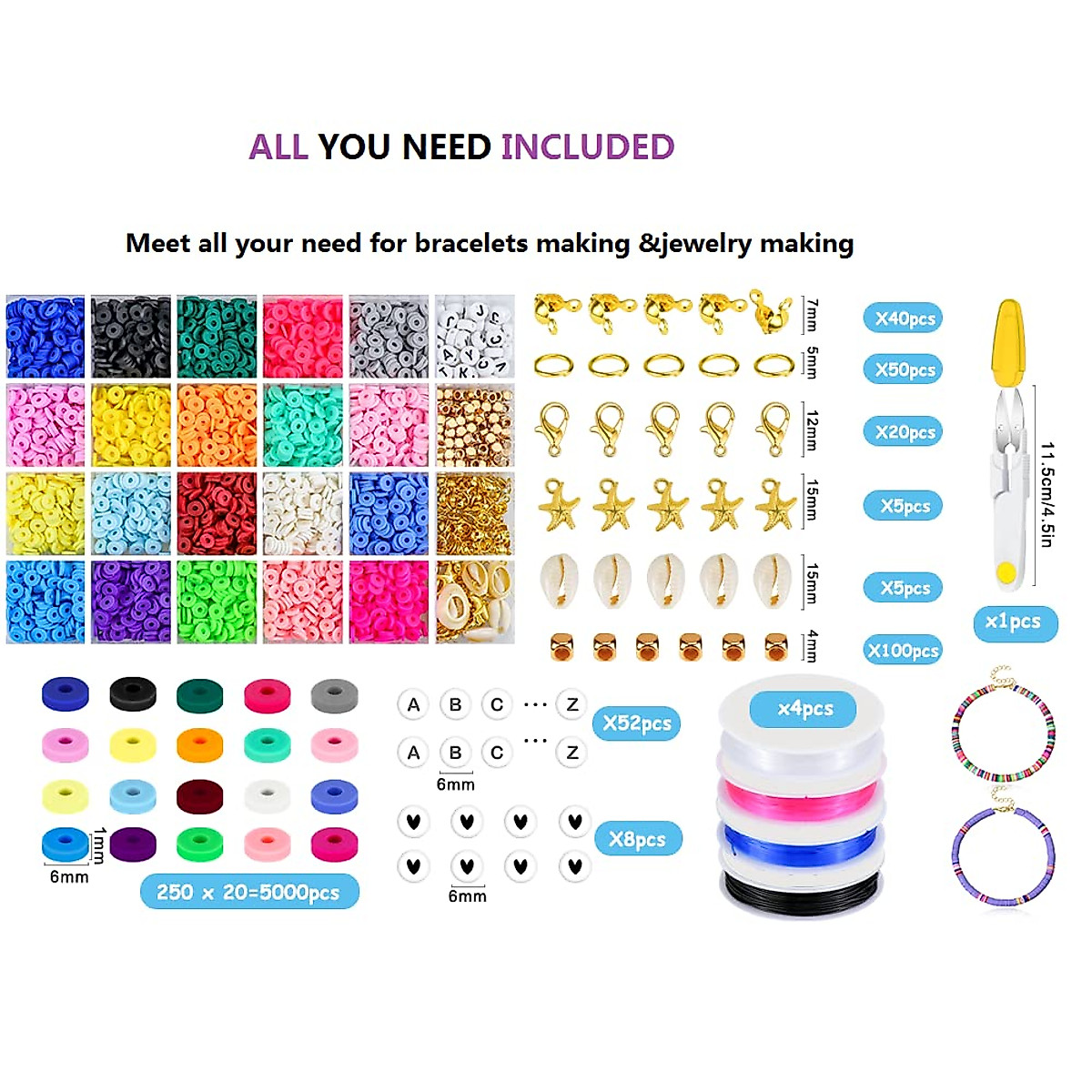 Zoyomax Friendship Bracelet Kit,4880 Pcs Clay Beads for Bracelet Making,6mm 20 Colors Flat Round Polymery Heishi Beads, Letter Beads and Elastic Strings for DIY Bracelets Necklace Jewelry Making