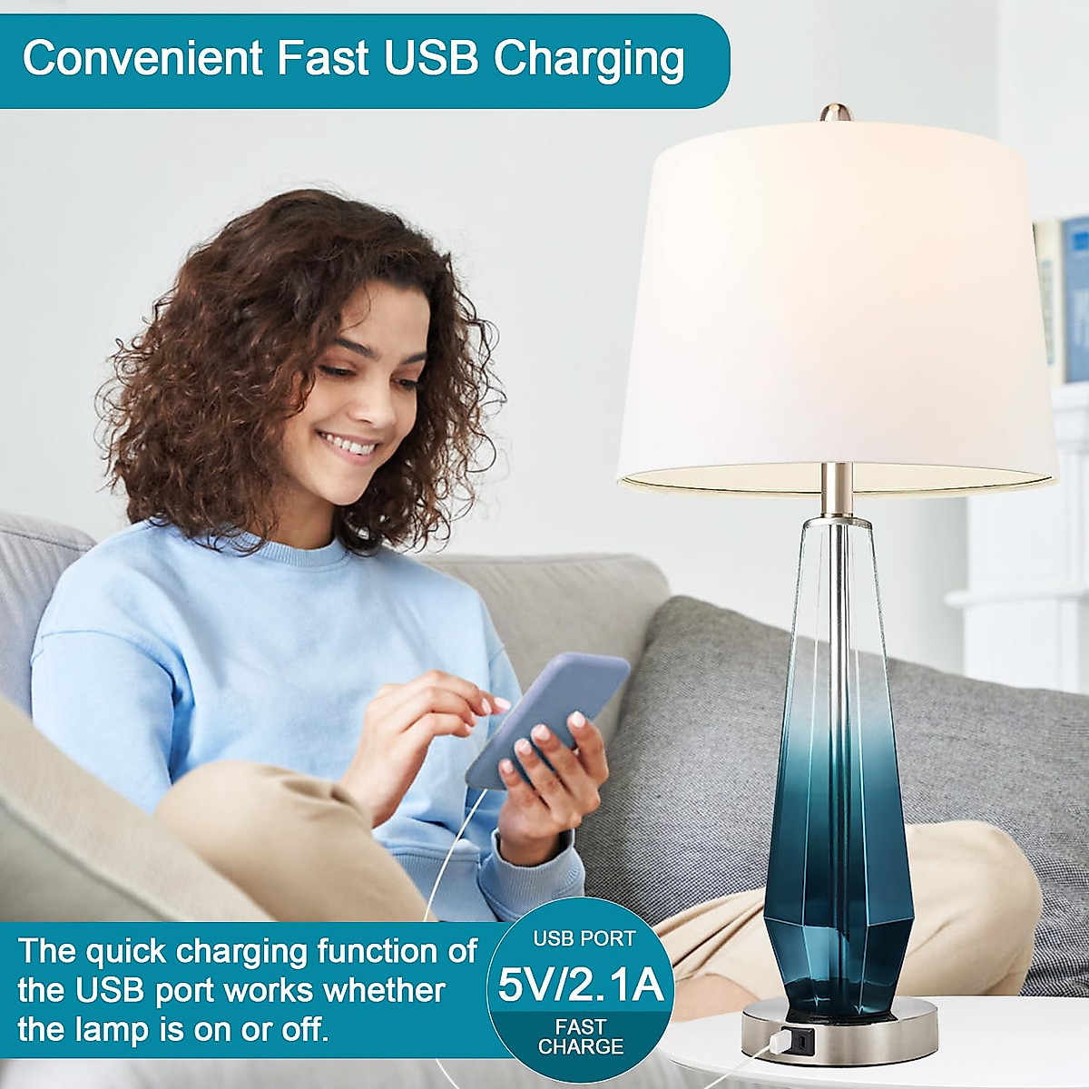 Modern Table Lamps Set of 2, 28" Teal Tall Lamp with USB C+A, Blue Glass Lamp Coastal Lamps with Linen Shade, Nightstand Bedside Lamps for Living Room End Table Buffet Lamps