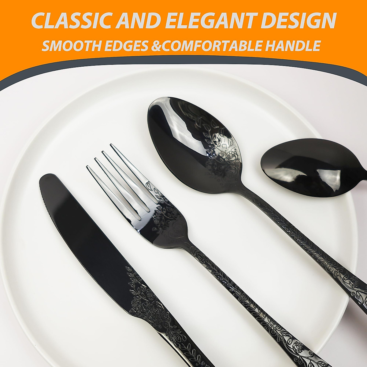 Runfly Vintage Carved LASER-ETCHED Floral Black Silverware Set for 4, Stainless Steel 20-Piece Flatware Set with KnifeForkSpoon, Cutlery Set for Home