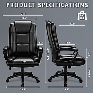 LEMBERI Office Desk Chair, Big and Tall Managerial Executive Chair, High Back Computer Chair, Ergonomic Adjustable Height PU Leather Chairs with Cushions Armrest for Long Time Sitting (Black)