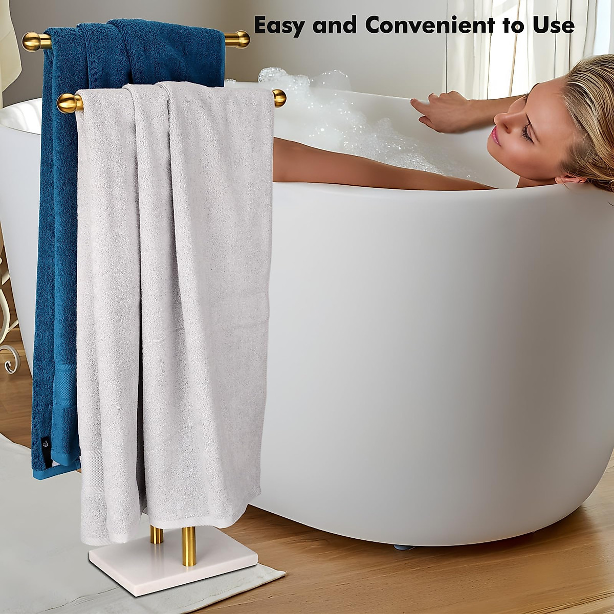 WAYDELI Standing Towel Rack Double-T Shape Tall Bath Towel Sheet Holder with Marble Design Base for Bathroom 2 Tier Towel Holder Stand Stainless Steel (Brushed Gold)