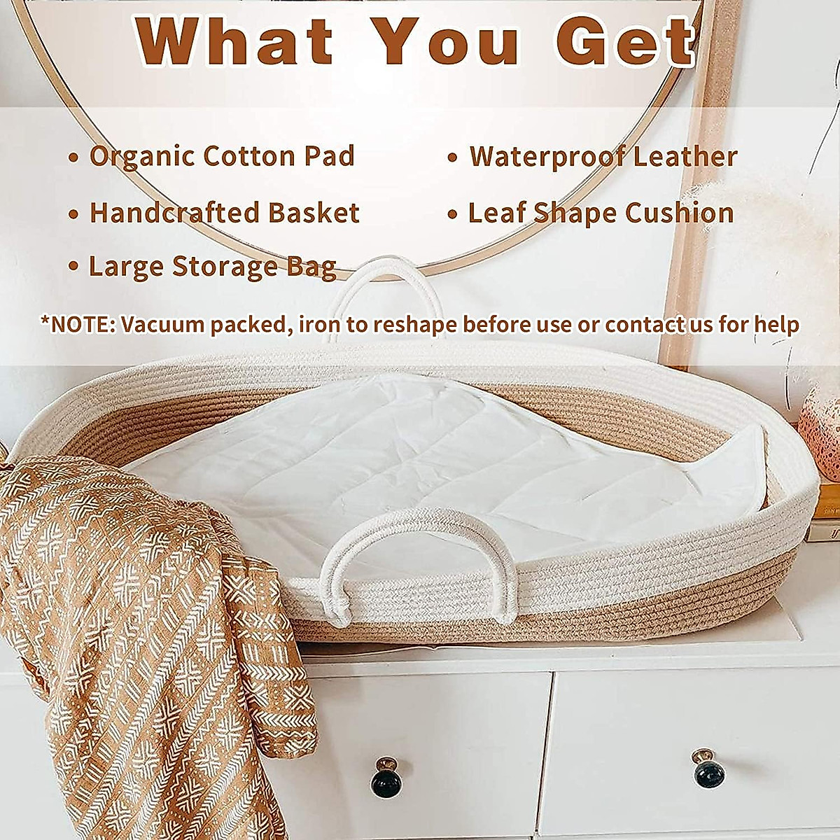 Baby Changing Basket with Storage Bag, Moses Basket for Babies, Thick Diaper Changing Pad, Leaf Shape Pad, Waterproof Leather Pad, Cotton Rope, Changing Table Topper for Dresser, Portable