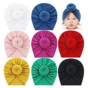 8 Pack Solid Green Blue Red Pink Gray Large Donut Ball Knot Bow Cotton Beanie Turban Hat Cap India Muslim Islamic Headwrap Winter Hospital Nursery for Newborn Baby Girl Infant Toddler Kids