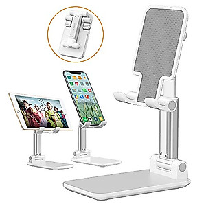 LOBKIN Phone Stand for Desk, Foldable Portable Adjustable Tablet Cell Phone Holder Charging Dock Cellphone Holder Office, Sturdy Mobile Stand Hand Metal Desktop iPhone Stand (White)
