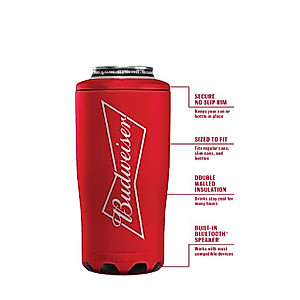Budweiser Can/Bottle Cooler Built-in Bluetooth Speaker - Double Insulated Beverage Holder, Portable Cooler, Bluetooth 5.0 Technology, 100% Leak Proof,12 or 16 oz Cans, Regular or Slim Cans