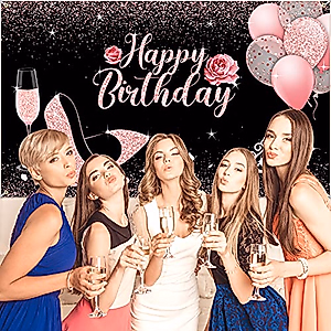 Happy Birthday Backdrop Fabric Glitter Rose Pink Birthday Background Banner Balloons Heels Wine Glass Photography Backdrop Birthday Party Decorations for Women Girls Birthday Supplies, 6 x 3.6 Feet