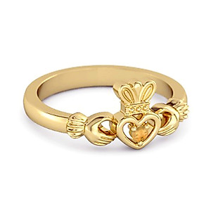 MOONEYE Petite Claddagh 2MM Round Shape Citrine Gemstone 925 Sterling Silver Gold Vermeil Crown Ring (Yellow Gold Plated Sterling Silver, 5)