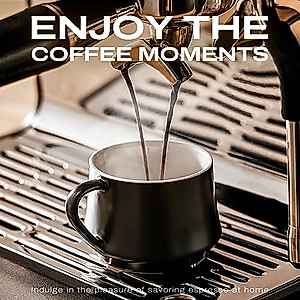 Lareina Espresso Cups with Saucers, Spoons and Metal Stand, Small 4 oz Ceramic Cappuccino Coffee Cups Set of 6, Cute Demitasse Cups with Handle for Nespresso Lungo, Double Espresso, Cortado(Black)