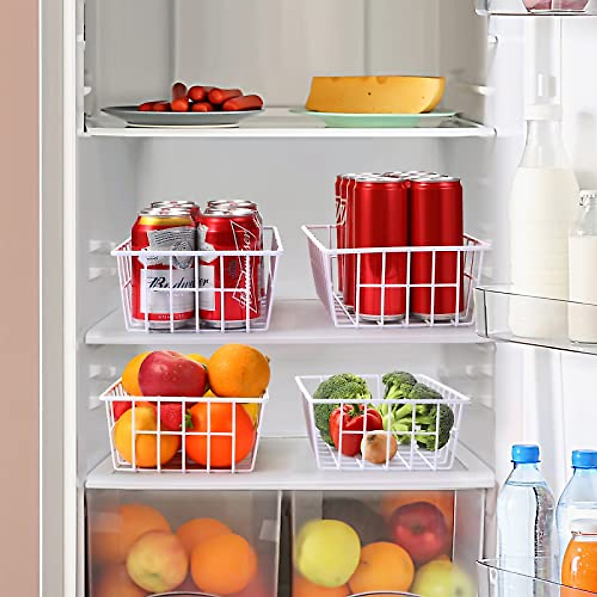 Homics Freezer Organizer Bins Wire Baskets, Kitchen Pantry Cabinet Refrigerator Organizer Storage Bins for Fruit Vegetable Soda Cans, 2 Pack