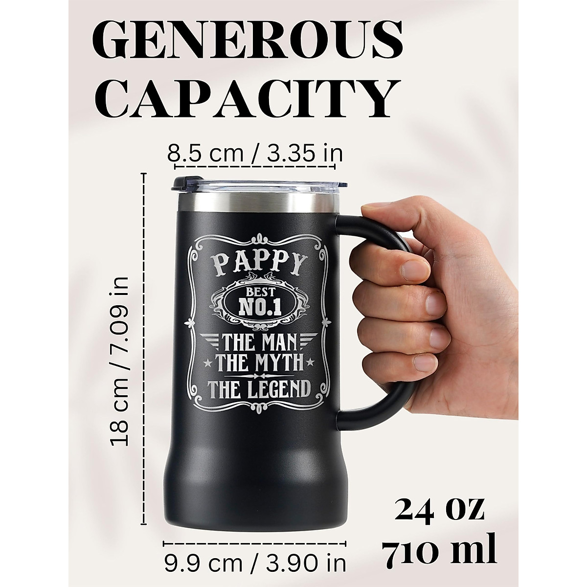 Onebttl Pappy Gifts Stainless Steel Beer Stein Tumbler, 24oz Beer Mug with Lid for Father's Day, Christmas - Man Myth Legend