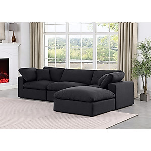Meridian Furniture 187Black-Sec4A Comfy Collection Modern | Contemporary Upholstered Modular Sectional, Black Linen Textured Fabric Upholstery, Down Feather Cusions, 119" W x 79" D x 34.5" H, Black