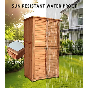 YTGLEN Outdoor Storage Cabinet, Wood Garden Shed, Pool Storage Shed with Lockable Door, Waterproof Roof and 2 Removable Shelves, Vertical Outside Storage Shed for Patio, Backyard and Lawn