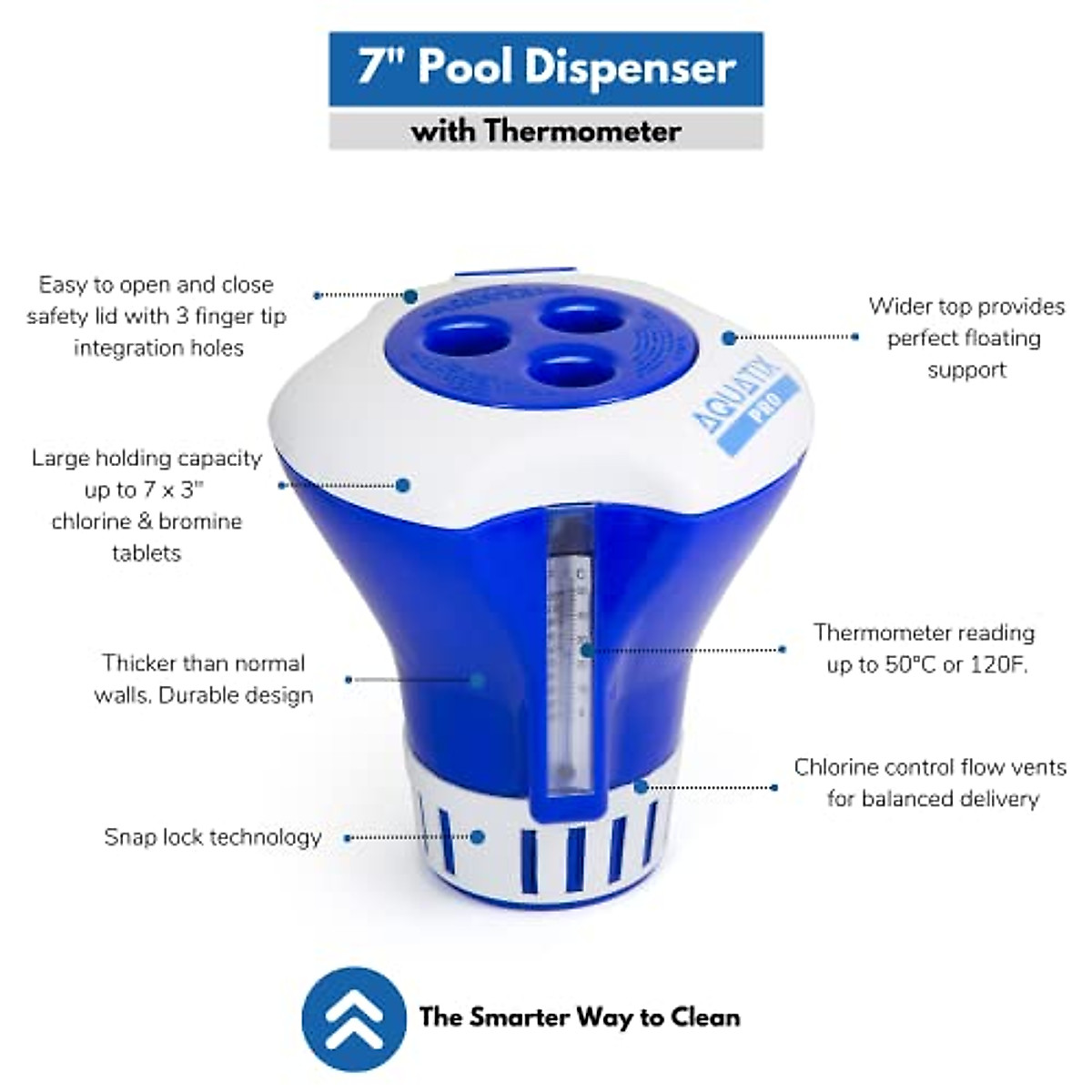 Aquatix Pro Pool Chlorine Floater Dispenser with Thermometer for 1 to 3 inch Tablets, Large & Durable Floating Dispenser for Spa, Hot Tub, In-ground & Above Ground Pools, Adjustable Flow Rate