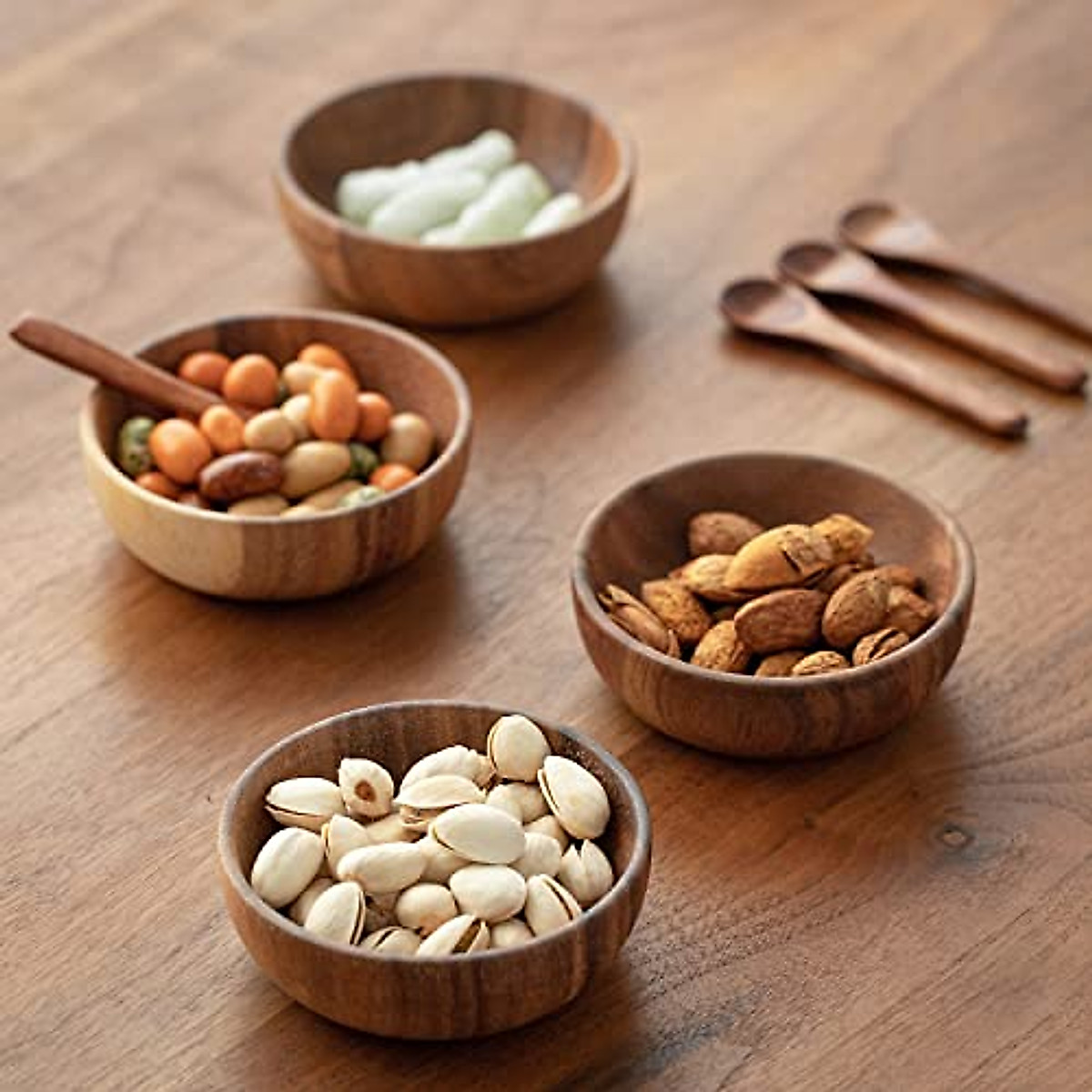 muso wood 3.9" Acacia Wood Bowl, Small Wooden Sauce Bowl for Party, Serving Bowls for Nuts, Salad, Appetizer, Condiments, Snacks (FREE 4 Wood Spoons, Set of 4)