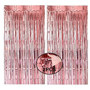 2Pcs Rose Gold Tinsel Foil Fringe Curtains Party Decorations Tinsel Curtains Streamers Backdrop 3.3ft *8.3ft Door Streamers Photo Booth Backdrops Foil Curtain for Birthday Party Backdrop Decorations
