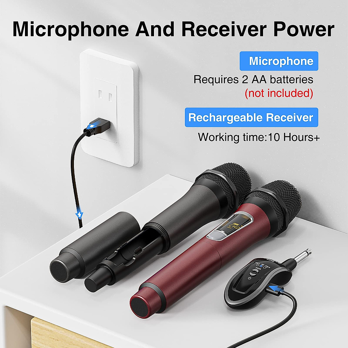 JAMELO Wireless Microphones, Metal Dual Handheld Dynamic Mic, Microfonos Inalambricos with 2.4Ghz Rechargeable Receiver, Over 10H Duration, 150ft Range,Microphone for Singing, Karaoke,Speech, Wedding
