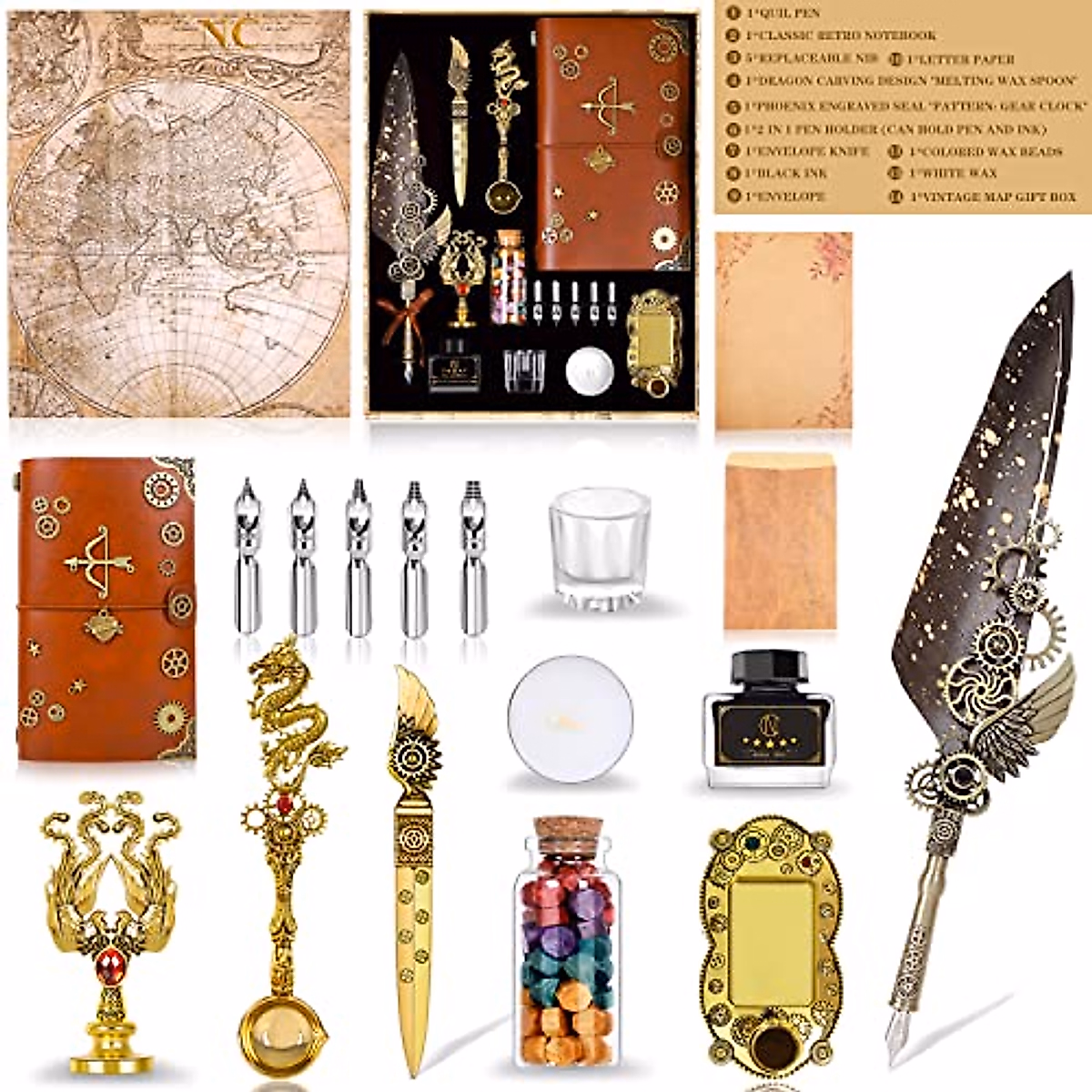 NC Quill Pen Ink Set, Includes Quill Pen, Notebook, 5 Replaceable Nibs, Ink, Pen Holder, Cup, Seal Stamp, Spoon, Wax Bead, White Wax, Envelope & Letter Paper Etc. Beautiful Gift Calligraphy Set.(Grey)