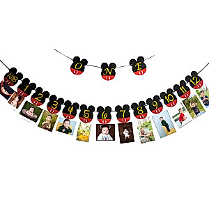 CHuangQi Mickey Themed Birthday Party Photo Banner & “ONE” High Chair Banner, NB to 12 Month Photo Banner, 1st Birthday Supplies, Baby Shower Decoration