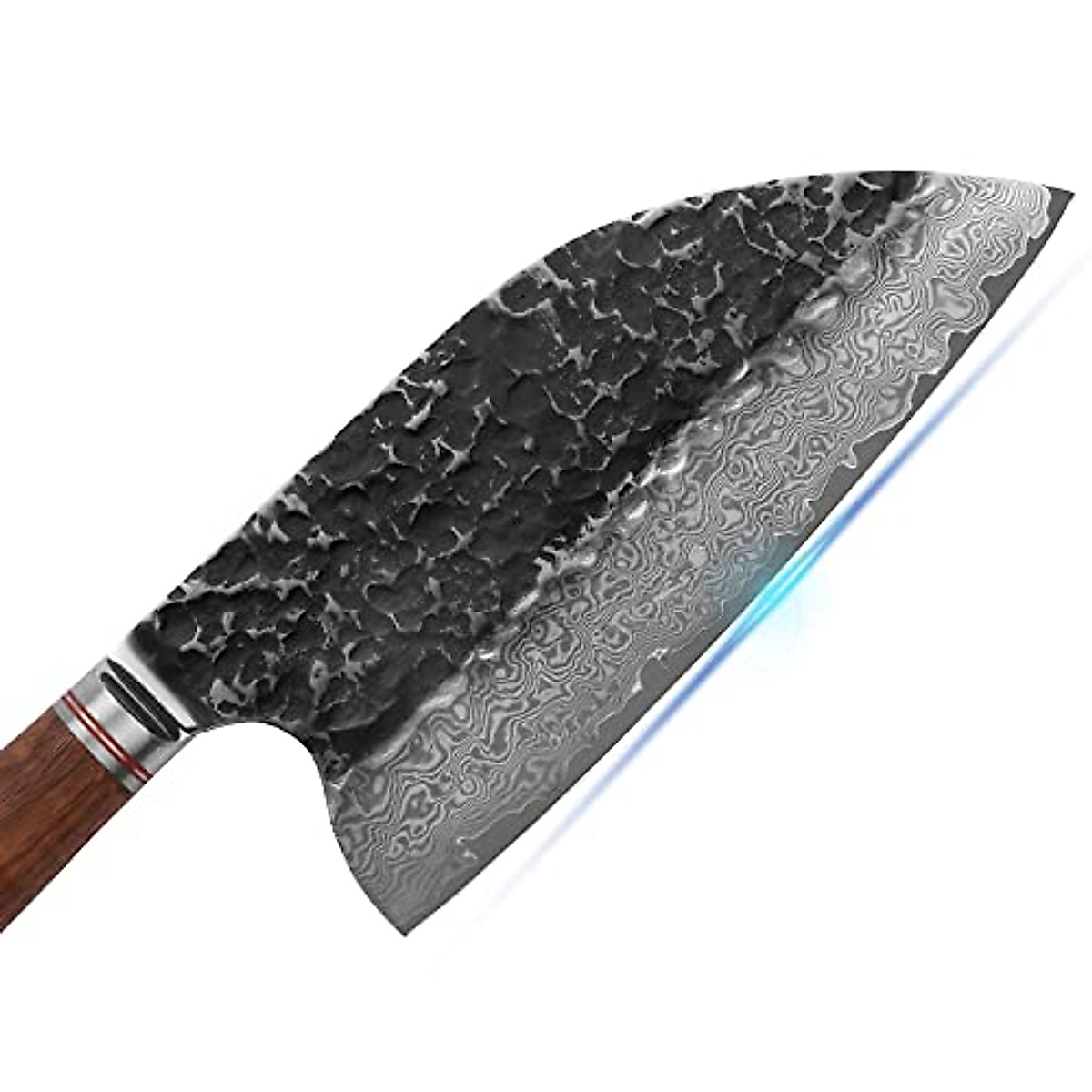 YOUSUNLONG Hybrid Cleaver Outdoor Heavy Duty Meat Cleaver 8 Inch Hammered Damascus Natural Walnut Wood Sheath with Leather