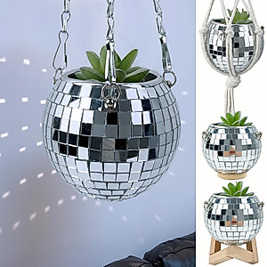 Disco Ball Planter, 4" Creative Mirror Ball Hanging Planters for Indoor Plants with Chain, Macrame Rope, Wooden Stand, Disco Ball Plant Hanger for Valentine's Decorations Hanging Plant, 1 piece