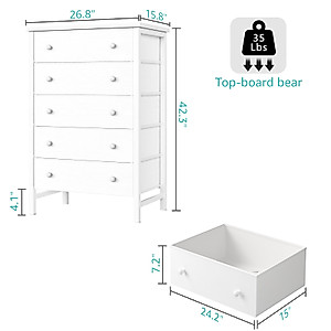 BOLUO White Chest of Drawers for Bedroom Dresser with 5 Drawer Fabric Dressers Storage for Girls,Kids Closet Modern