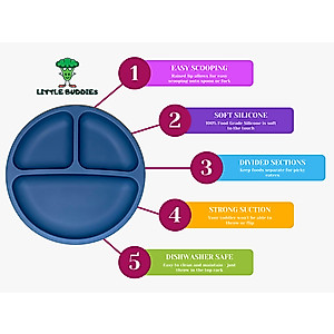 Little Buddies 100% Silicone Suction Dishware Plates for Toddlers and Babies | Dishwasher and Microwave Safe | 3 Pack | Blue, Gray, Green