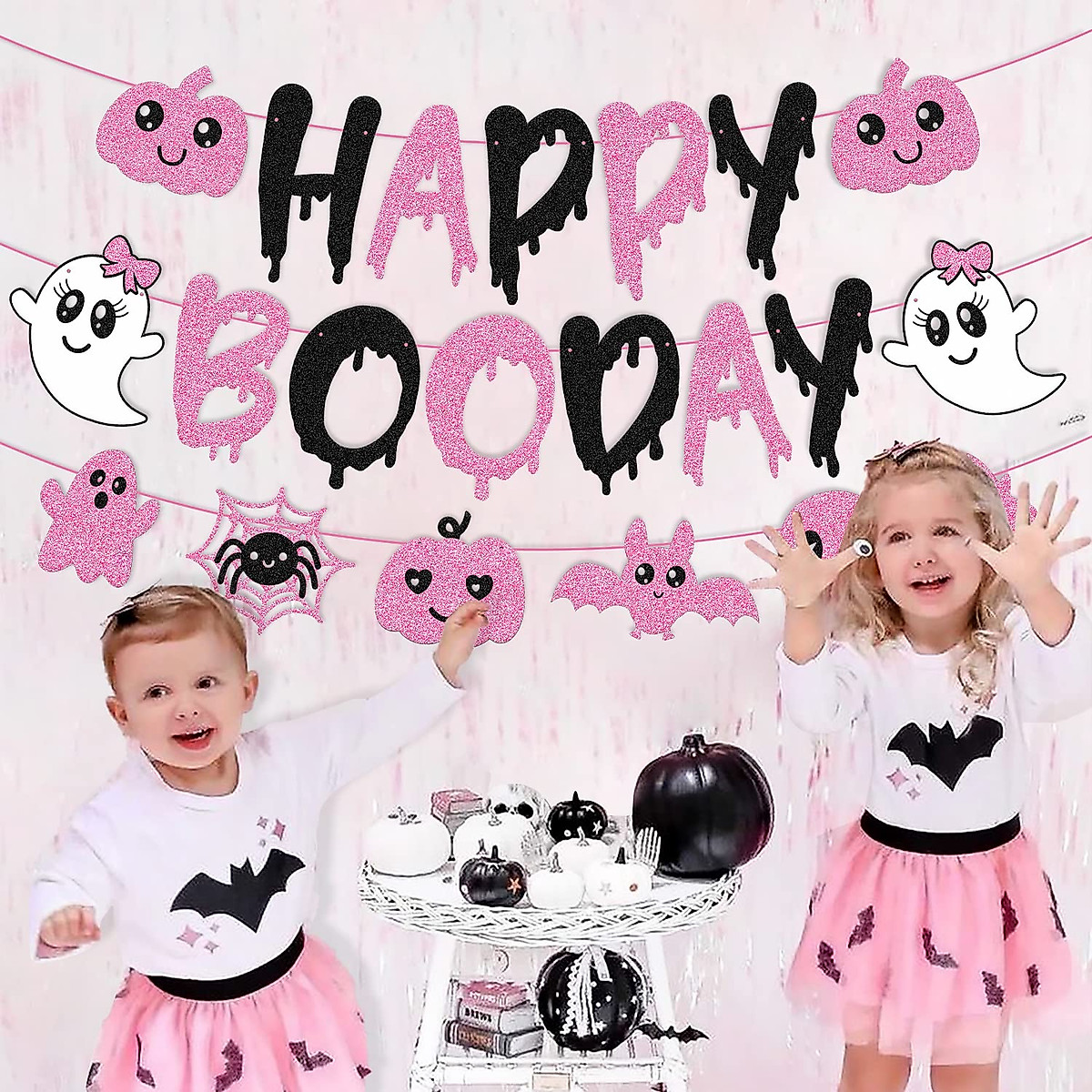 Happy Boo Day Banner Pink Black Halloween Ghost Bat Little Boo Themed for Girl Halloween Happy Boo Day Baby Shower Party Supplies Glitter Halloween Decorations