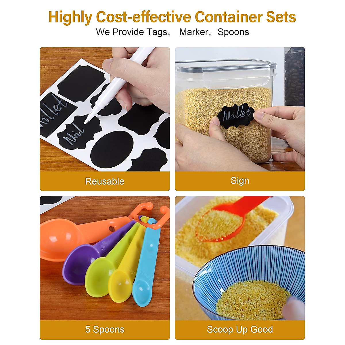 LUSCREAL Airtight Food Containers with Lids, 12 PCS Clear Organizing Containers Kitchen Canisters, Plastic Kitchen Organizers and Storage for Dry Food, Flour and Sugar,Include 20 Labels and 5 Spoons