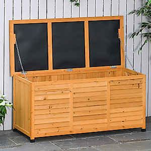 Outsunny 75 Gallon Wooden Deck Box, Outdoor Storage Container with Aerating Gap & Weather-Fighting Finish, Yellow