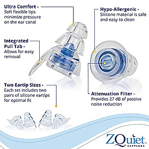 ZQuiet Noise Reduction High Fidelity Ear Plugs Hearing Protection for Noise Sensitivity Conditions (Premium Gift Box and Travel Storage Case), Two Sizes Included