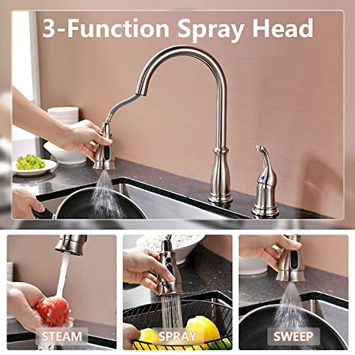 APPASO 3 Hole Kitchen Faucet with Pull Down Sprayer Stainless Steel Brushed Nickel, 2 Hole Pull Out Kitchen Sink Faucet with Side Single Handle and Soap Dispenser, 211BN