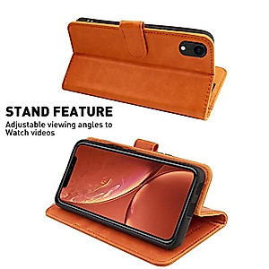MONASAY Wallet Case Compatible for iPhone XR, 6.1-inch, [Glass Screen Protector Included] [RFID Blocking] Flip Folio Leather Cell Phone Cover with Credit Card Holder, Orange