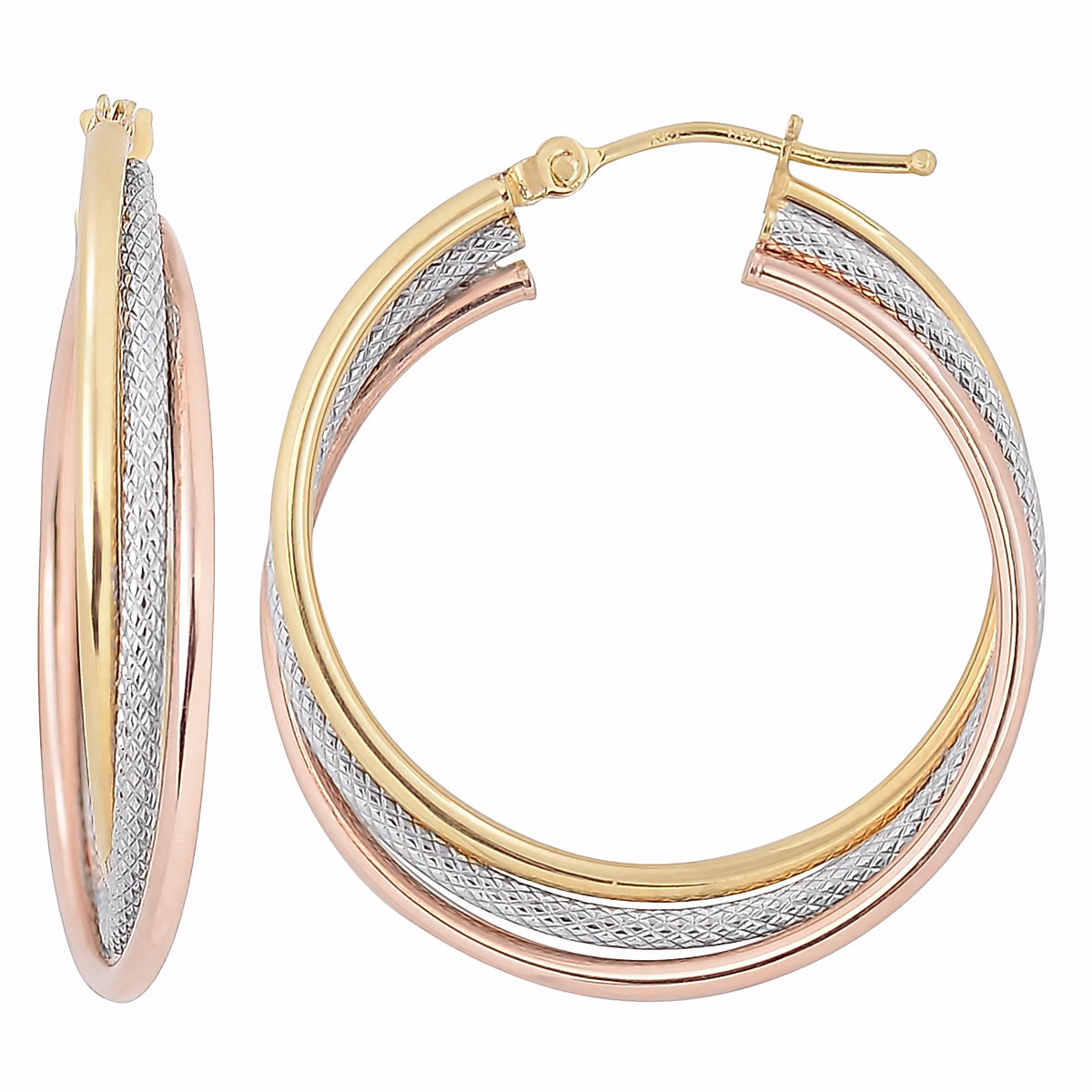 Kooljewelry 10k Tri-color Gold High Polish Textured Overlapping Triple Hoop Earrings