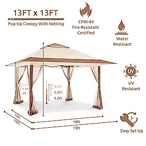 UDPATIO Pop Up Gazebo 13'x13' Patio Gazebo Tent Instant, Outdoor Gazebo with Mosquito Netting, Metal Frame Outdoor Canopies for Shade and Rain for Lawn, Garden, Backyard and Deck, Beige